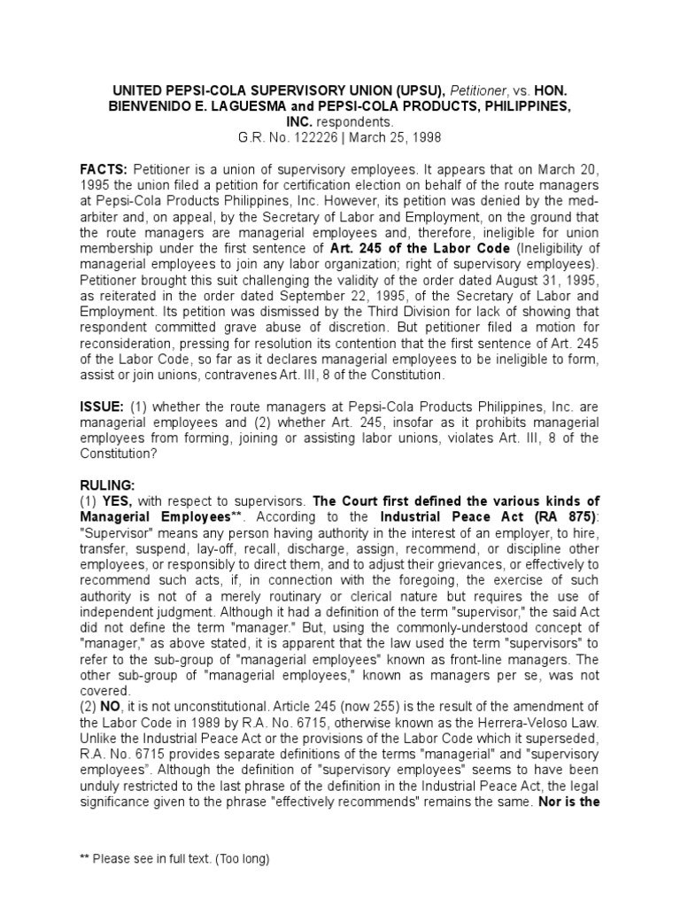 United Pepsi (Upsu) vs. Laguesma | PDF | Labour Law | Trade Union