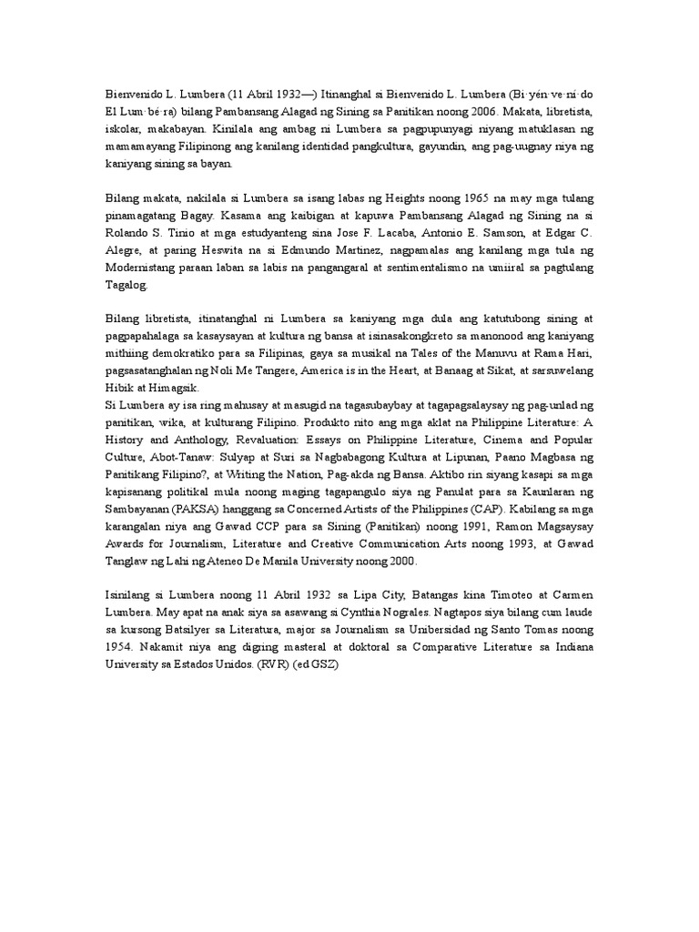 Biography of Bienvenido Lumbera | PDF