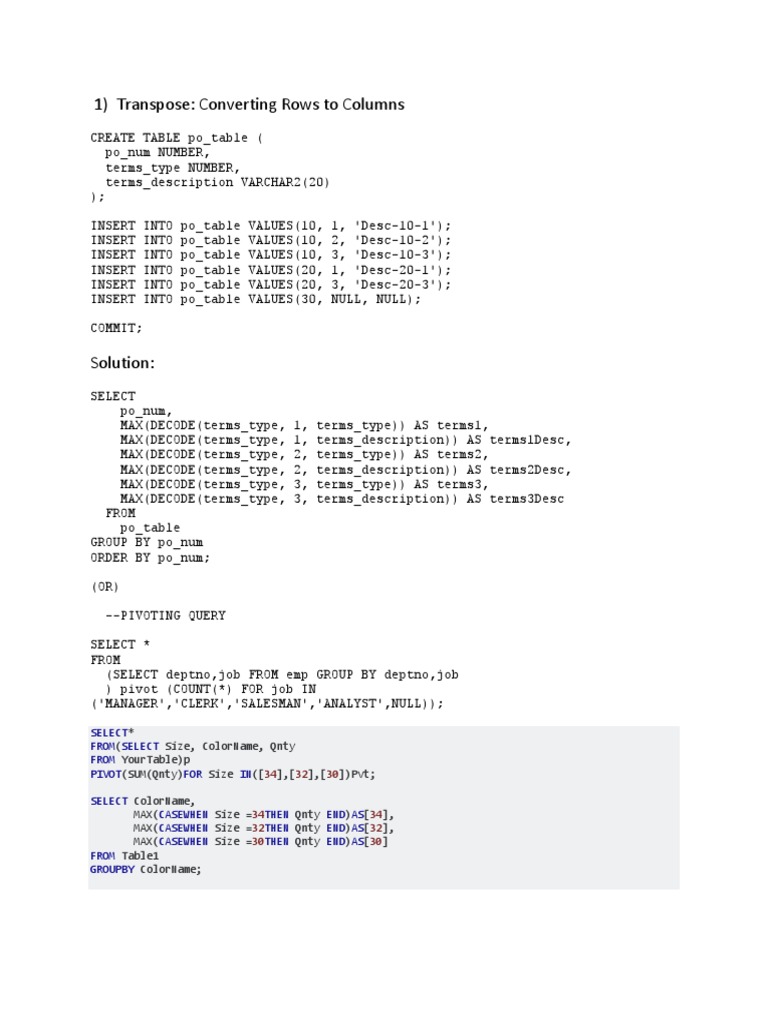 Converting Rows to Columns Using PIVOT and DECODE Functions in Oracle SQL | PDF | Information ...