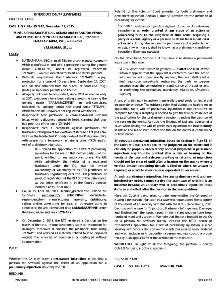 PROVREM Intro To Rule 58 Case Digests | PDF | Injunction | Equity (Law)