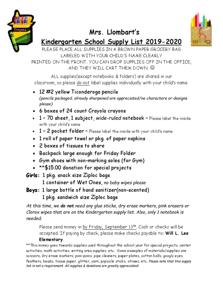Kindergarten Supplies 2019-2020 | PDF
