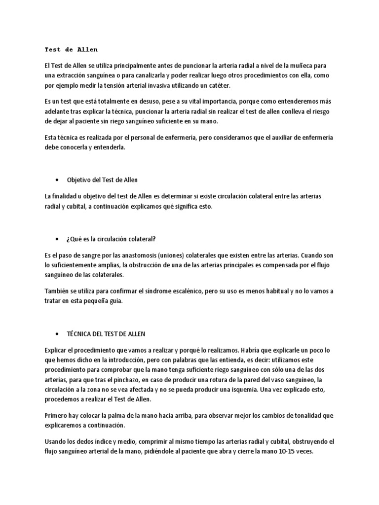 Test de Allen | PDF | Artería | Hemodinámica