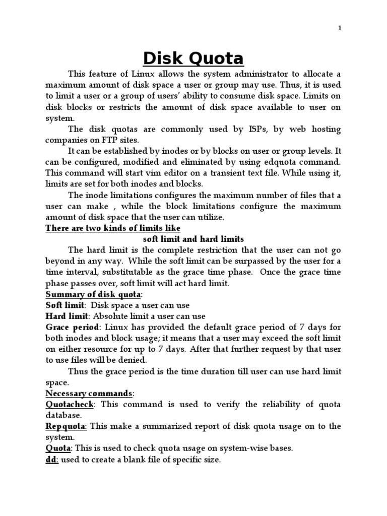 Disk Quota: There Are Two Kinds of Limits Like Soft Limit and Hard Limits | PDF | Information ...