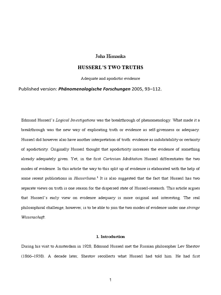 Husserls Two Truths | PDF | Edmund Husserl | Phenomenology (Philosophy)