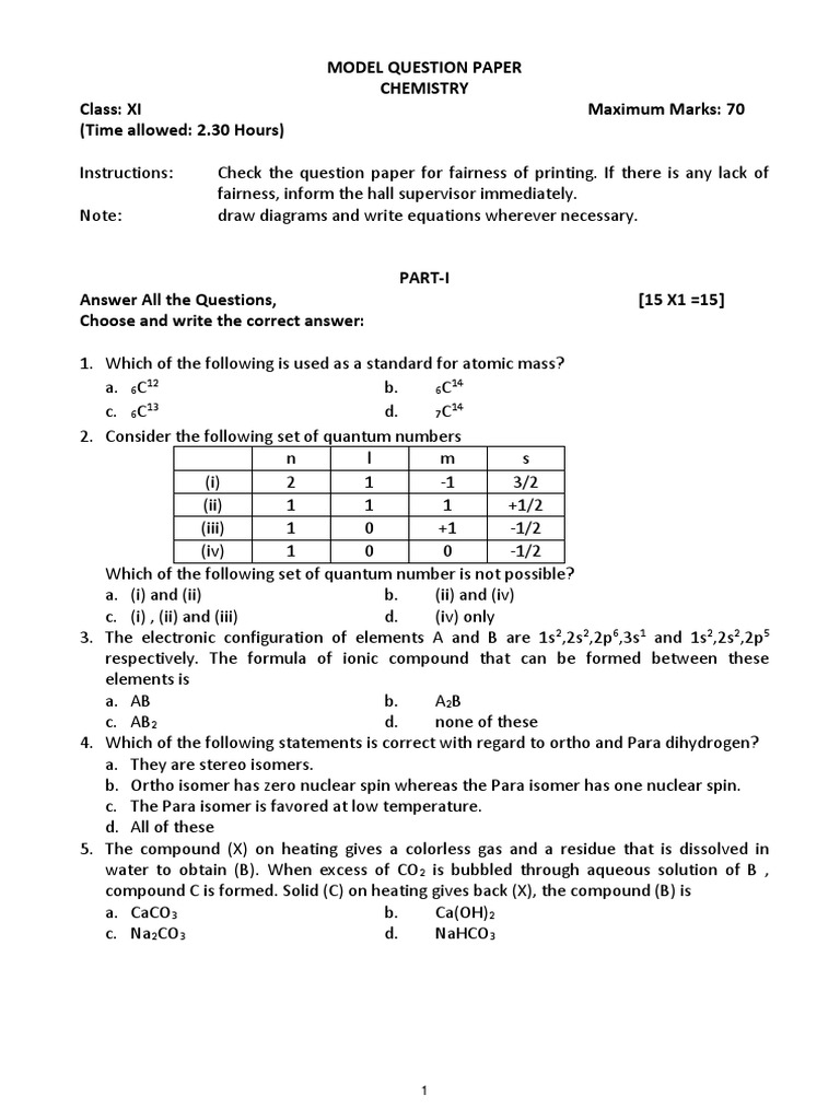 XI - Chemistry Model Question Paper | PDF | Ion | Mole (Unit)