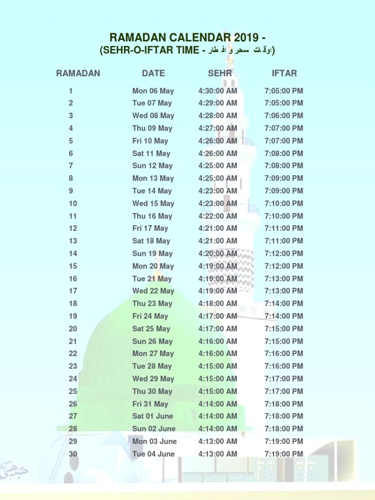 Ramadan 2019 Calendar Timings | PDF