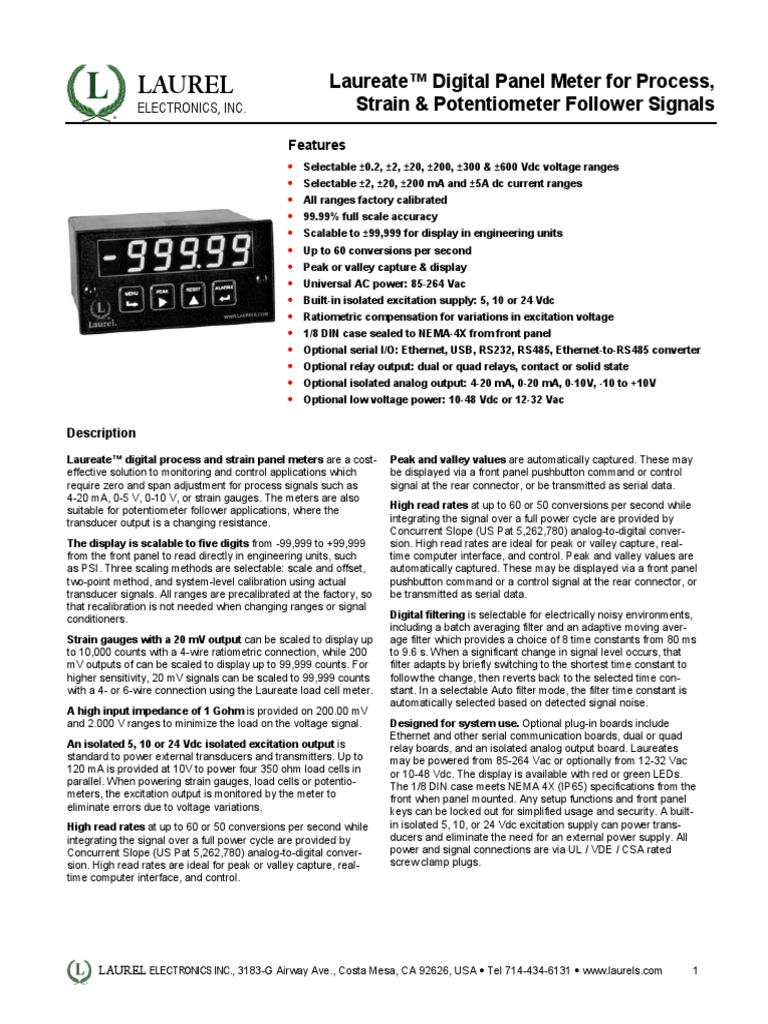Laurel: Laureate™ Digital Panel Meter For Process, Strain ...