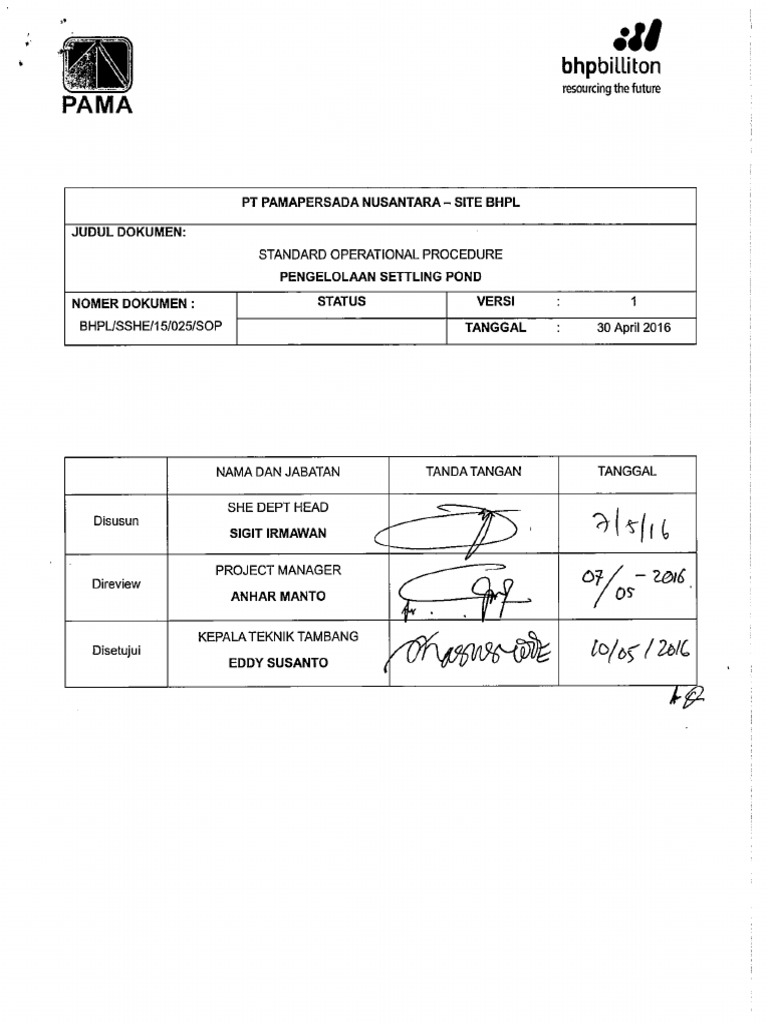 BHPL SSHE 15 025 SOP Pengelolaan Setlind Pond | PDF