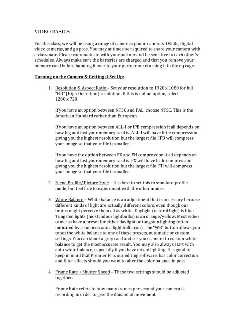 Videobasicshandout | PDF | Shutter Speed | Film Speed