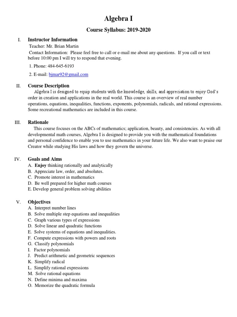 Algebra I Syllabus | PDF | Algebra | Polynomial