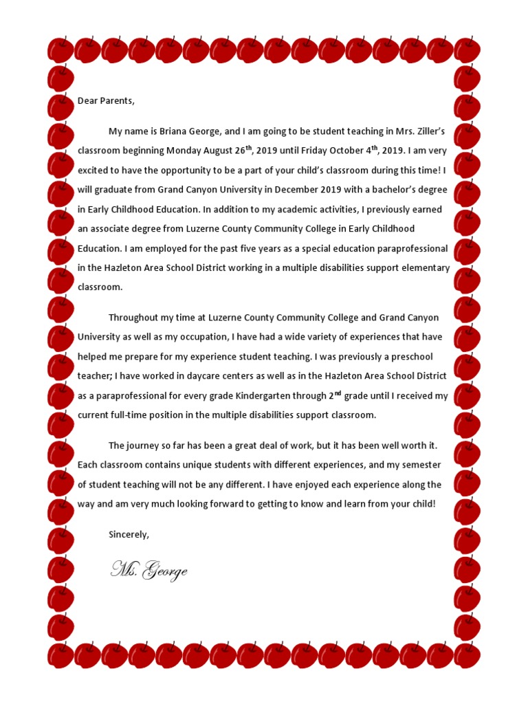 Student Teaching - Intro To Parents Letter 1 | PDF