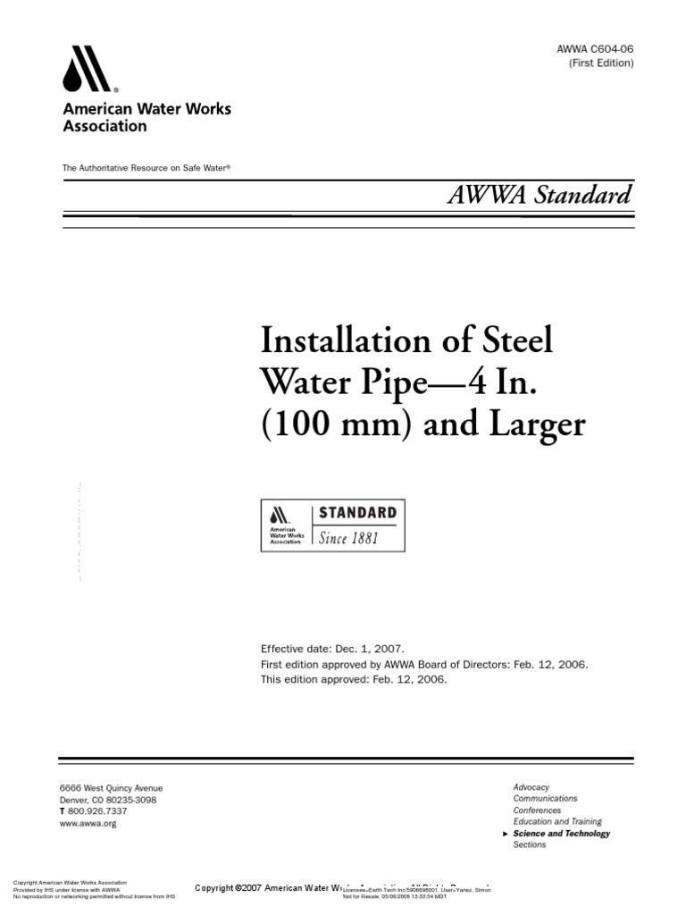 Installation of Steel Water Pipe-4 In. (100 MM) and Larger: AWWA ...