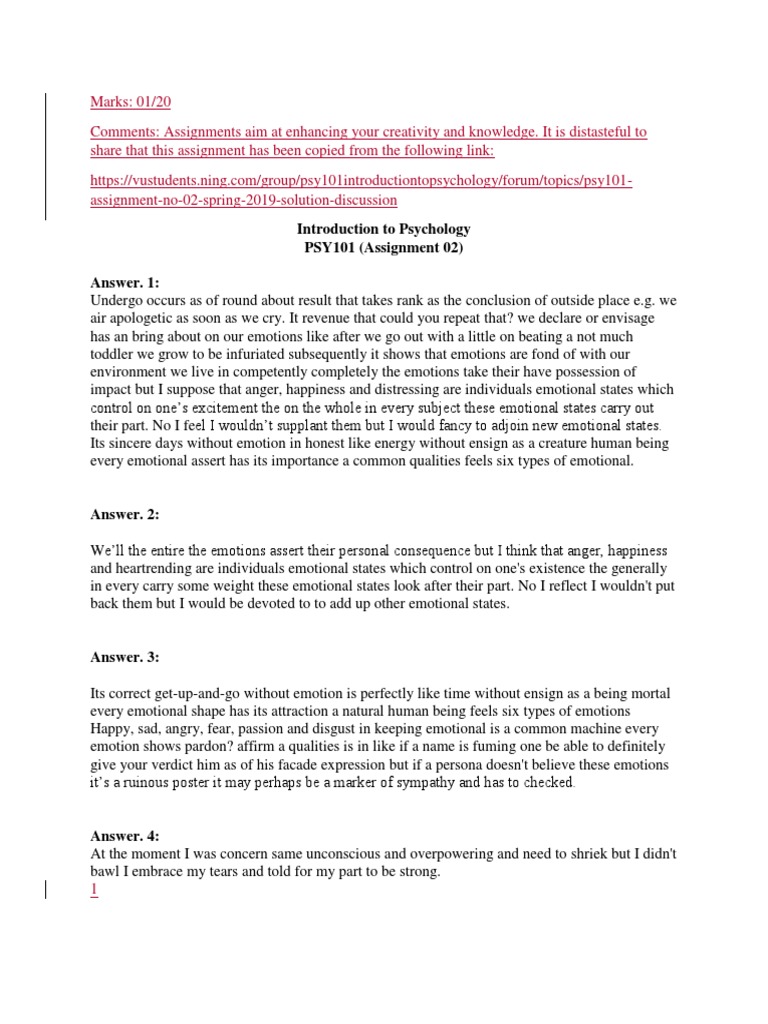 Introduction To Psychology PSY101 (Assignment 02) Answer. 1 | PDF | Anger | Emotions