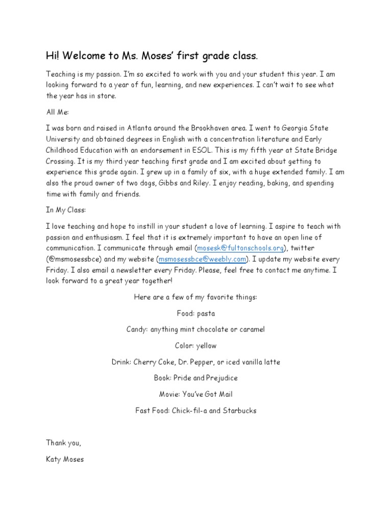 Ms. Moses' First Grade Welcome Letter | PDF | Wellness