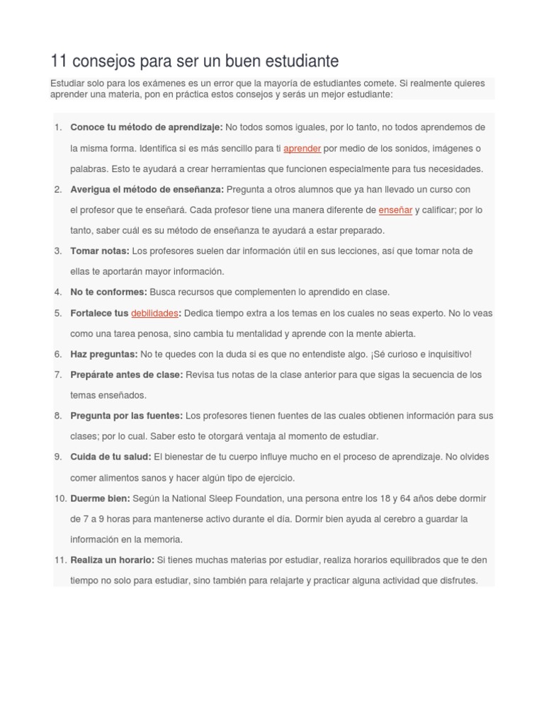 11 Consejos para Ser Un Buen Estudiante | PDF | Dormir | Aprendizaje