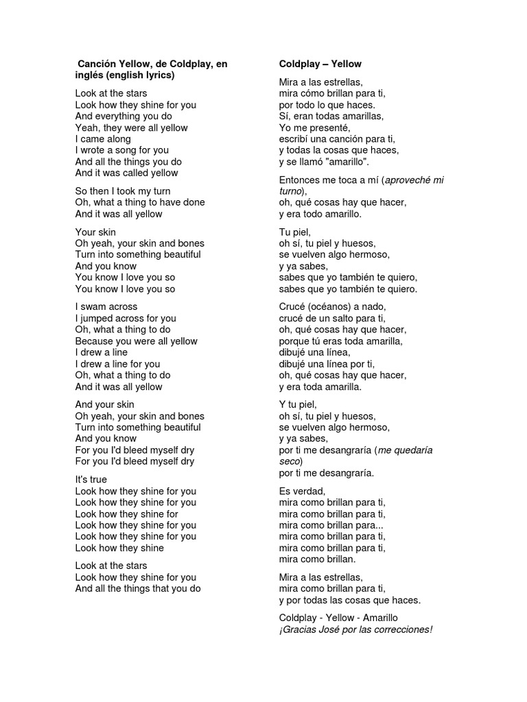 Canción Yellow | PDF | La música rock | Canciones pop