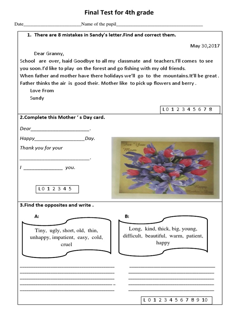 Final Test For 4th Grade: 1. There Are 8 Mistakes in Sandy's Letter ...