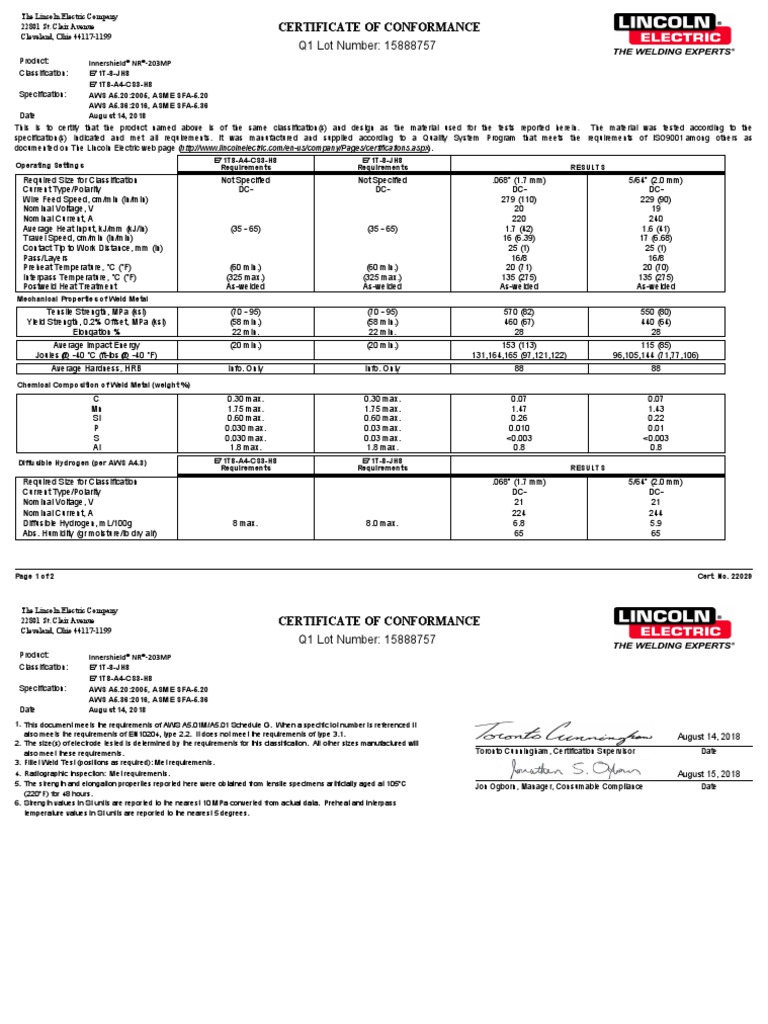 Q1 Lot Number: 15888757: Certificate of Conformance | PDF ...