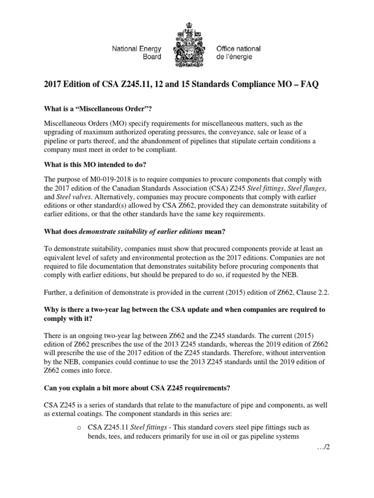 A90055-5 Frequently Asked Questions - 2017 Edition of CSA Z245.11, 12 and 15 Standard Compliance ...