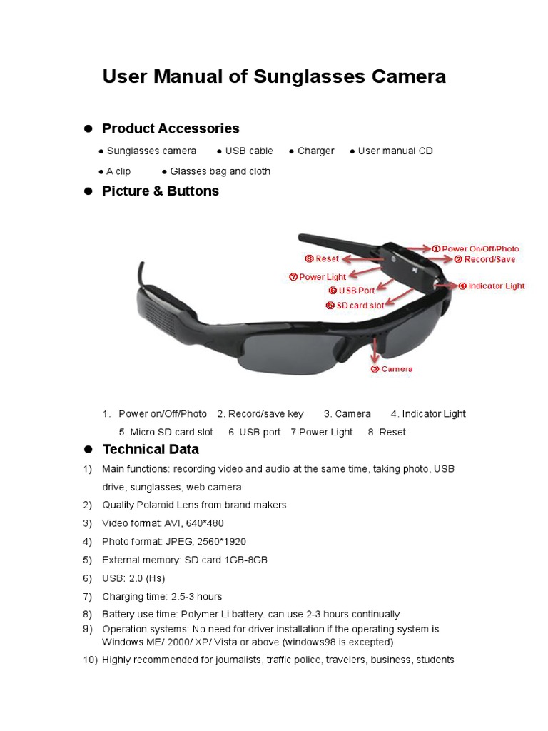 User Manual of Sunglasses Camera | PDF | Usb | Camera