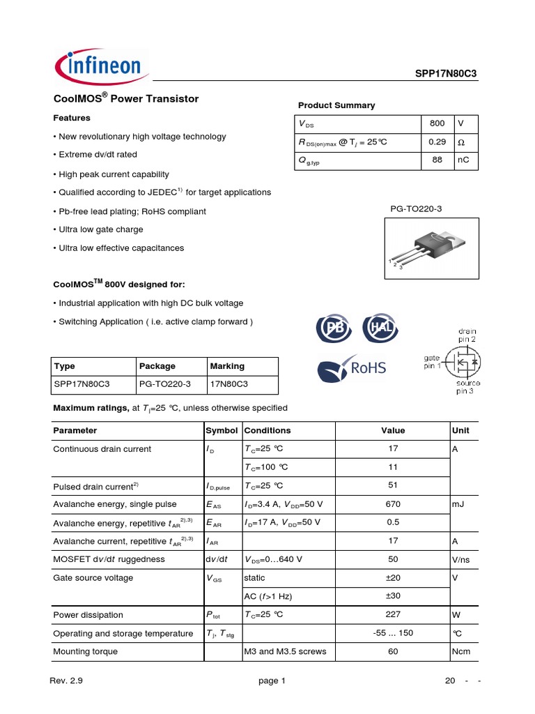 Coolmos Power Transistor: Features Product Summary | PDF | Diode | Mosfet