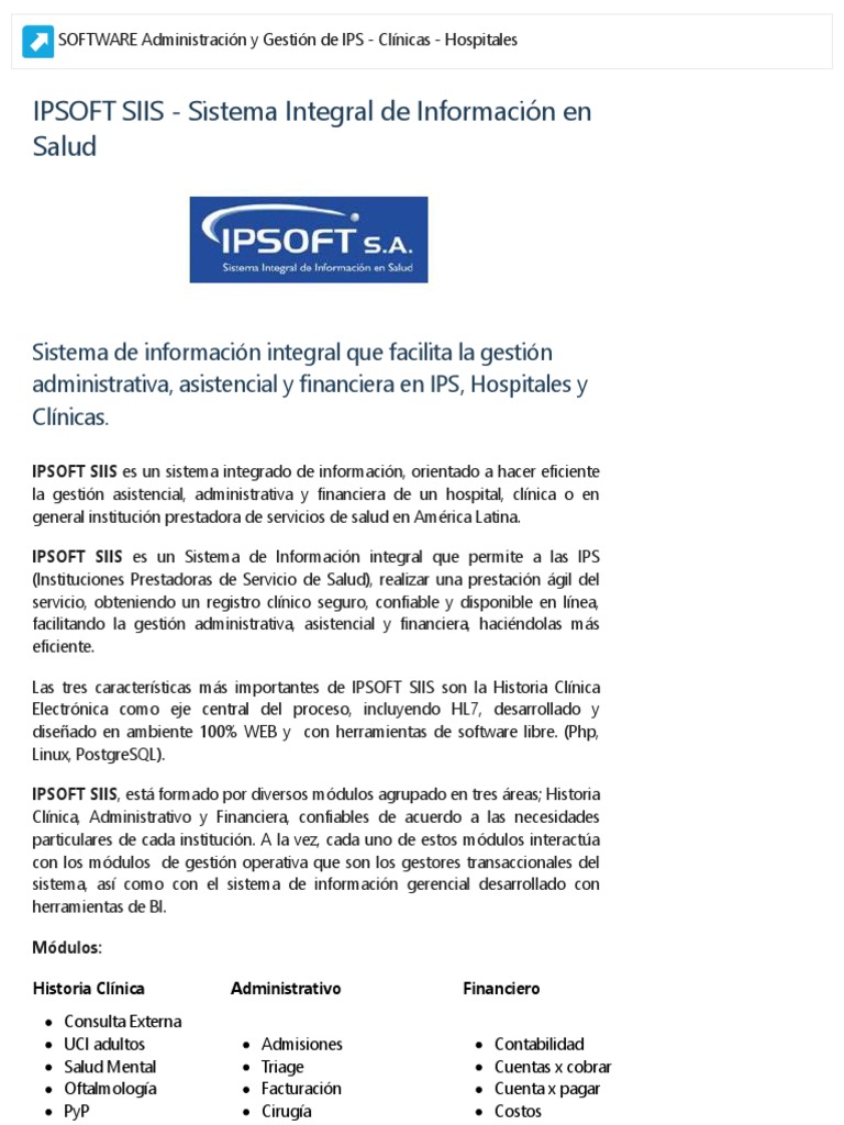 IPSOFT SIIS - Sistema Integral de Información IPS | PDF | Hospital ...