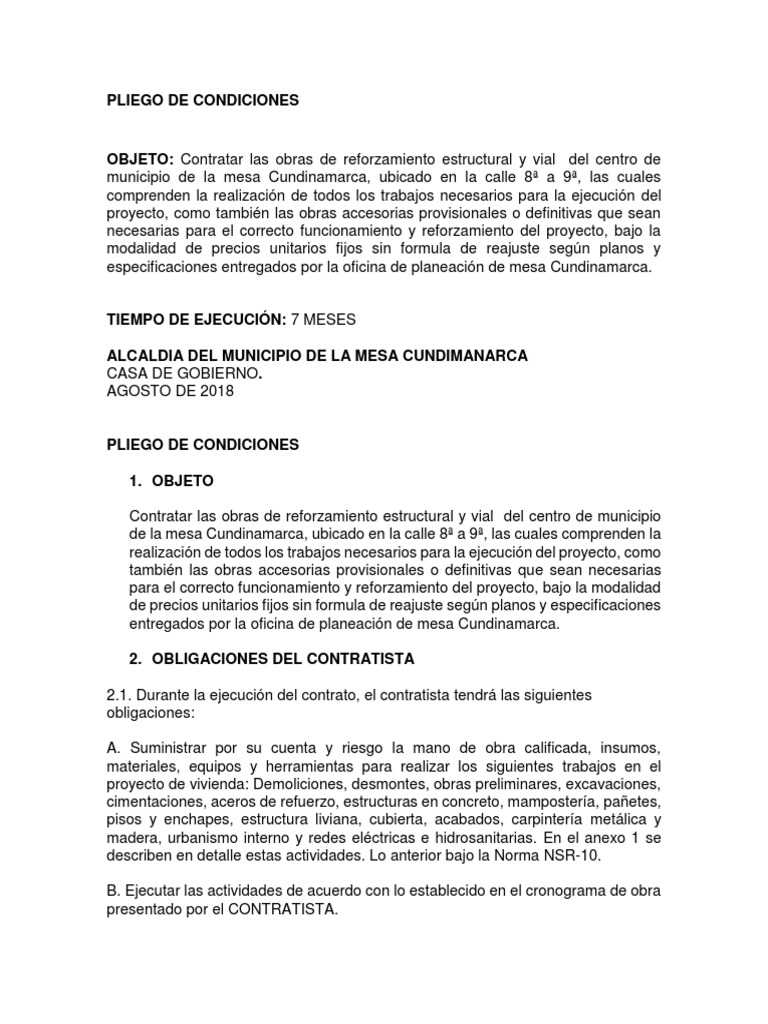 Pliego de Condiciones Ejemplo | Descargar gratis PDF | Póliza de seguros | Gobierno