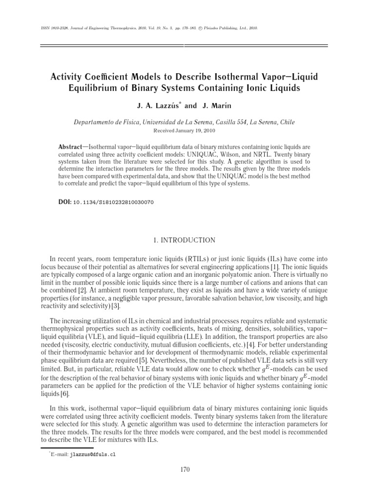 Activity Coefficient Models Describe EVL Binay Systems Ionic Liquids ...