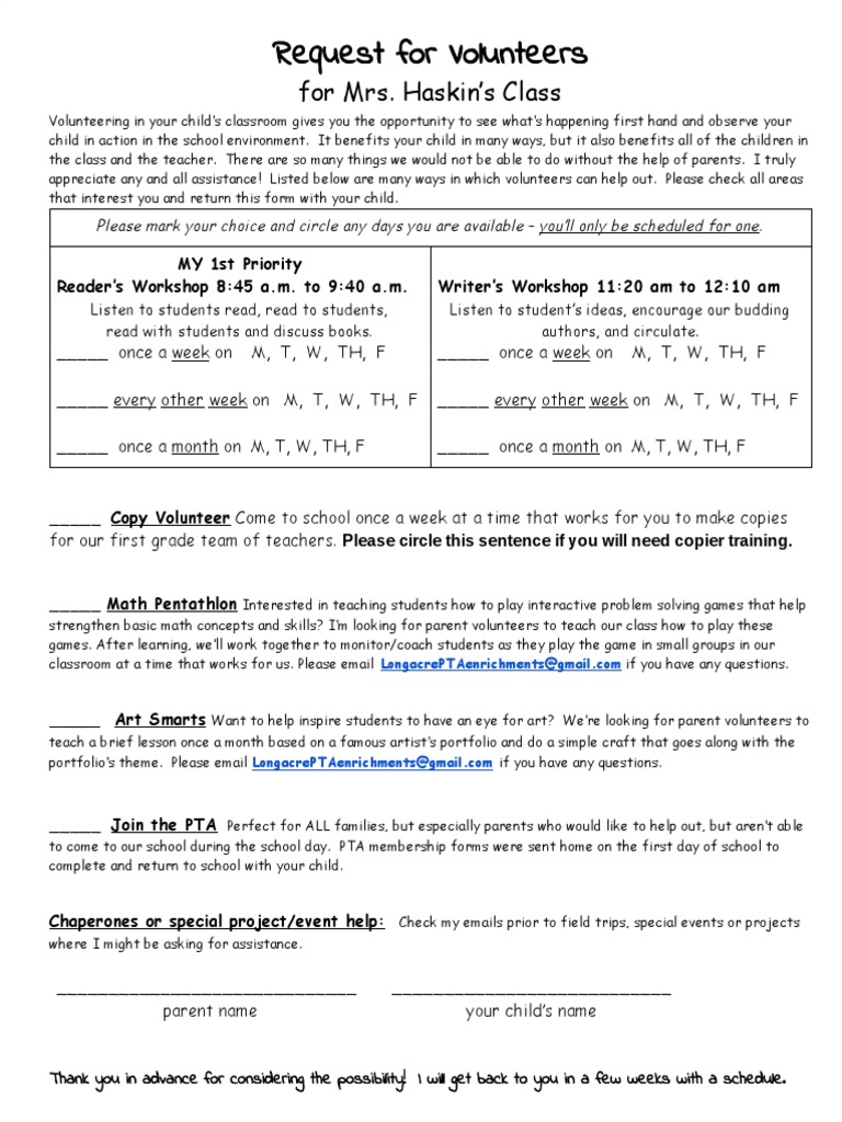 Request For Volunteers 19-20 | PDF | Classroom | Teachers