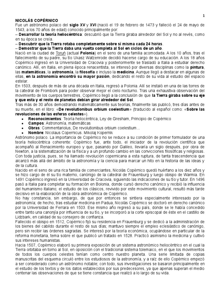Nicolás Copérnico: Pionero del Heliocentrismo | PDF | Nicolás Copérnico ...
