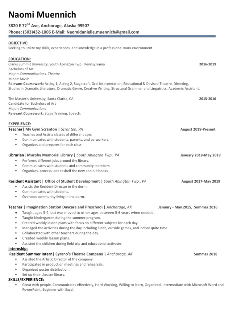 Naomi Muennich Resume August 2019 | PDF | Lesson Plan | Theatre