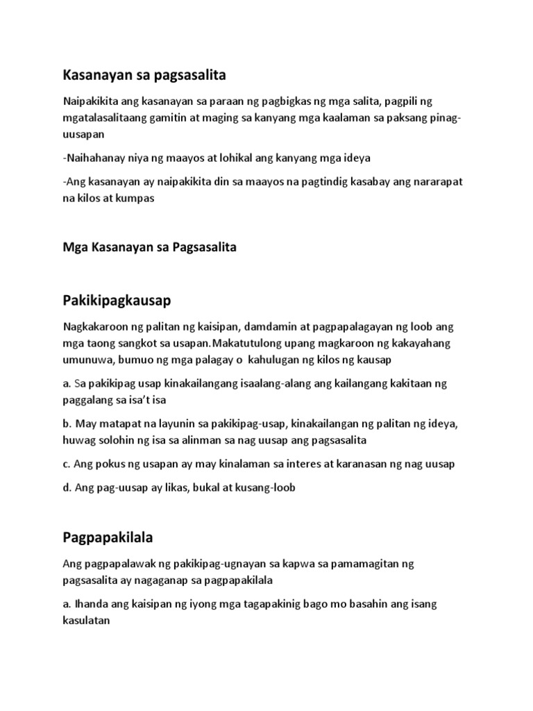 Kasanayan Sa Pagsasalita | PDF