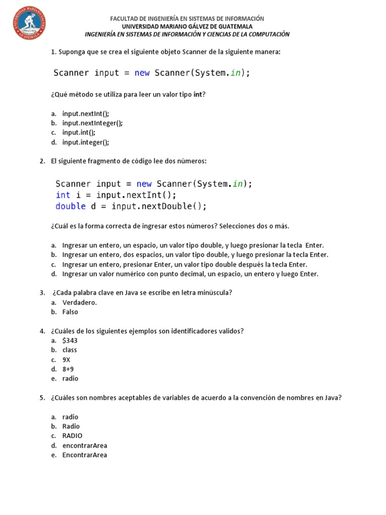 Cuestionario No 1 | PDF | Java (lenguaje de programación) | Lenguaje de programación