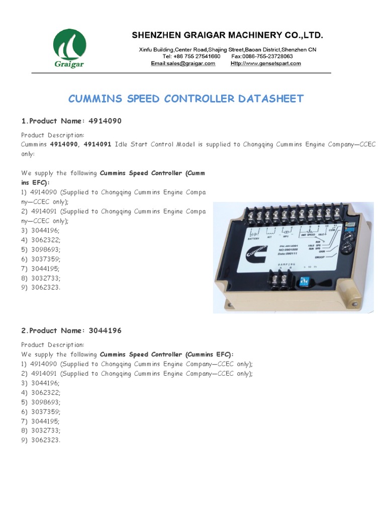 Cummins Speed Controller Datasheet: 1.Product Name: 4914090 | Power ...