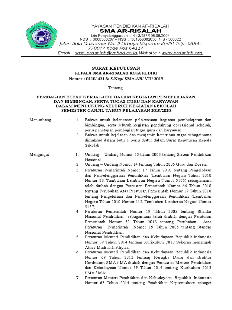 SK Pembagian Tugas Guru SMT 1 2018-2019 | PDF