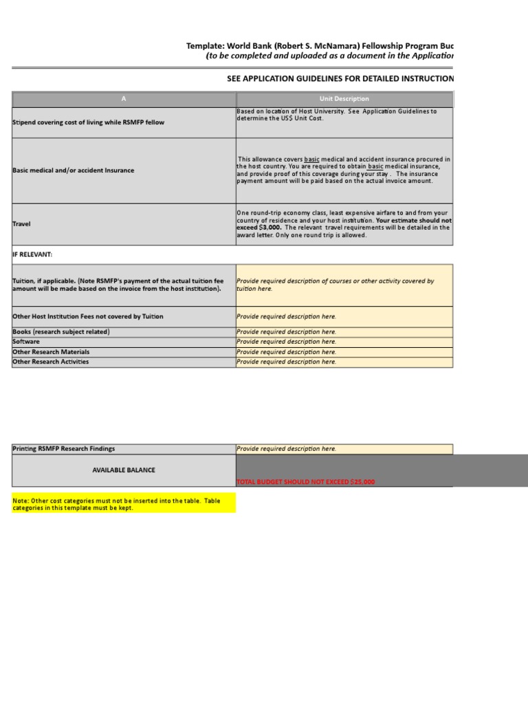 Template: World Bank (Robert S. Mcnamara) Fellowship Program Budget ...
