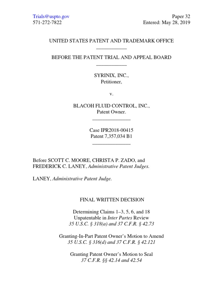 Trials@uspto - Gov: 35 U.S.C. 318 (A) and 37 C.F.R. 42.73 | PDF ...