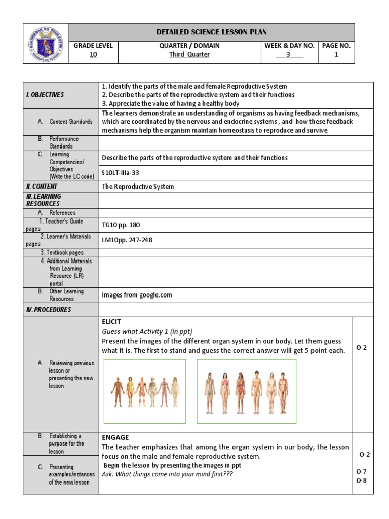 Science 10 7es Lesson Plan Quarter 3 Week 3 Topic: The Reproductive ...