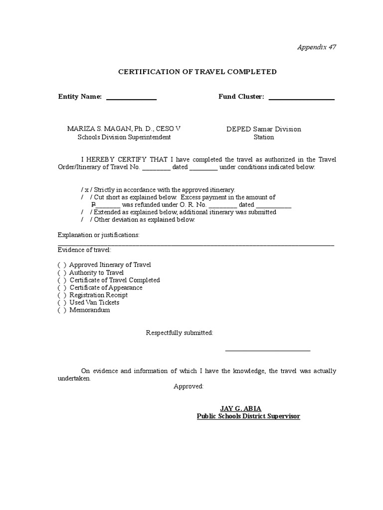 Certification of Travel Completion | PDF