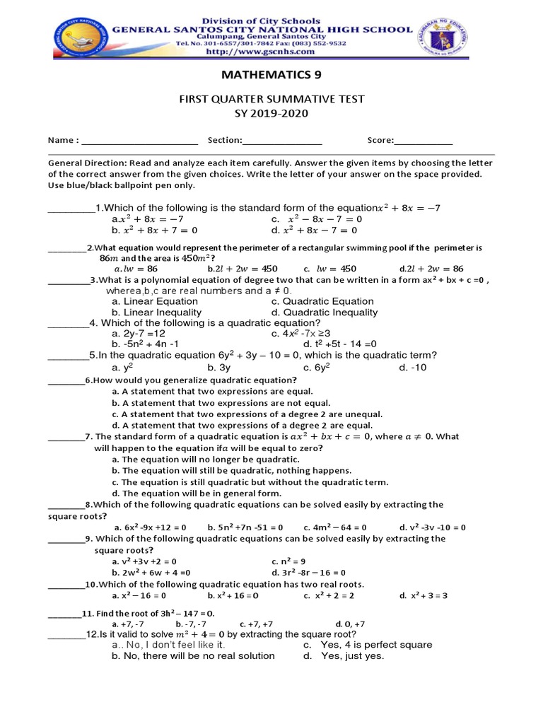 MATHEMATICS 9 1st Grading Summative 2019-2020 | Download Free PDF ...