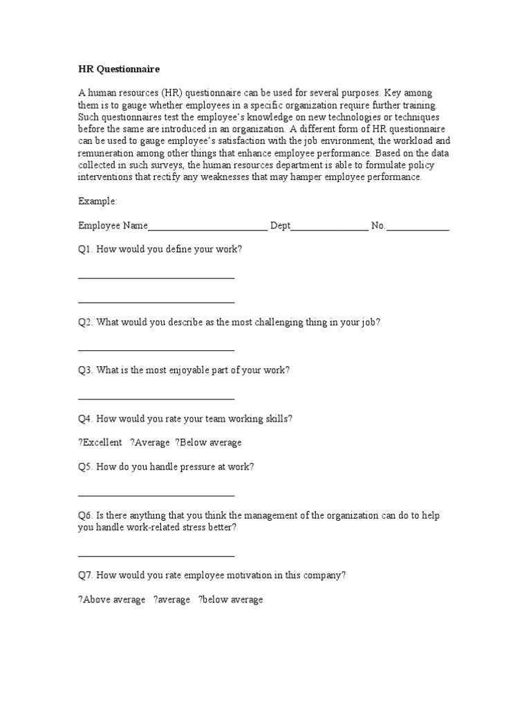 Comprehensive HR Questionnaire Guide | PDF | Career & Growth