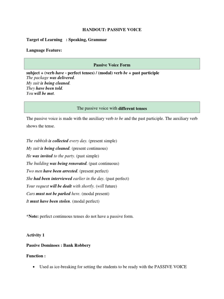Handout On Passive Voice | PDF | Perfect (Grammar) | Verb