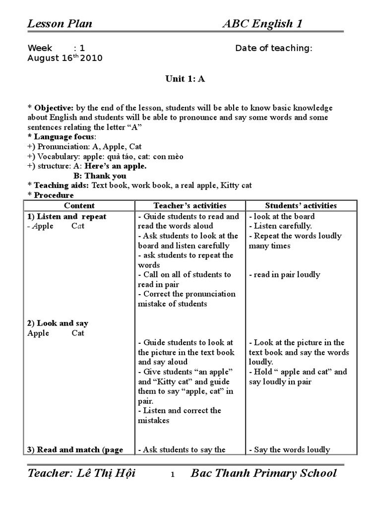 Giao Anlop 1 - in Trang Le | PDF | Lesson Plan | English Language