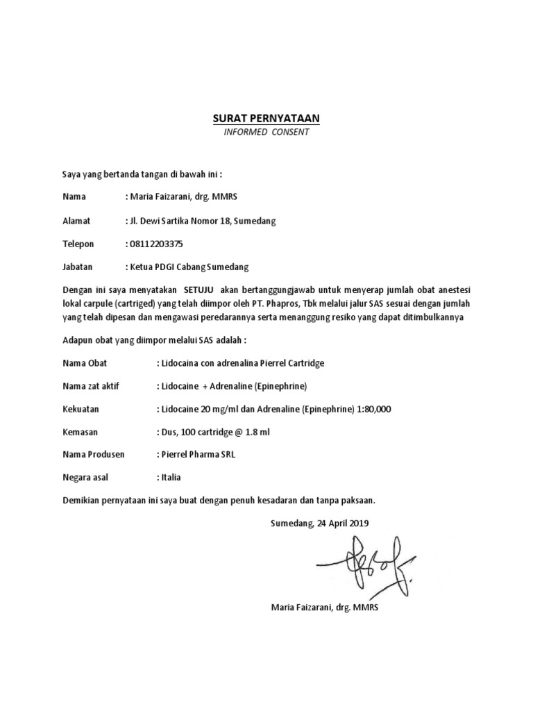Draft Surat Pernyataan (Informed Concern) - RS (PDGI Sumedang) | PDF