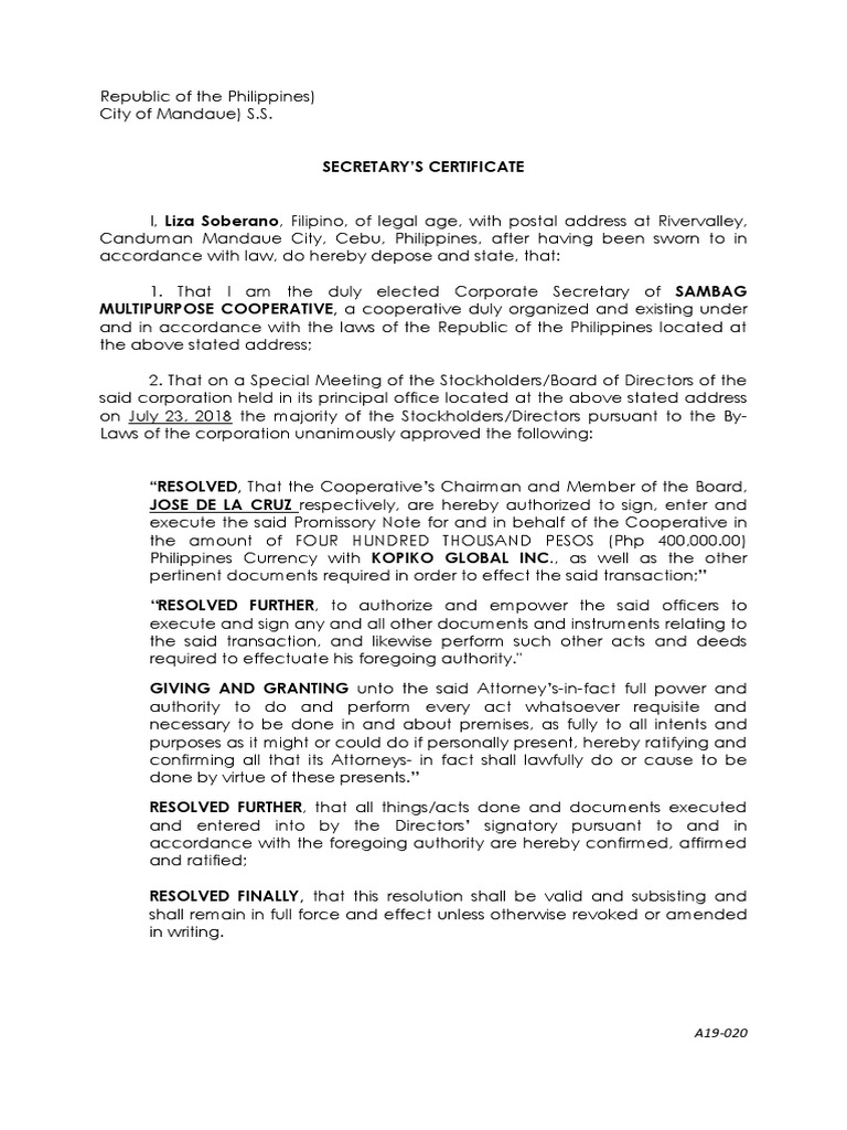 Secretary's Certificate for Authorization | PDF | Signature | Board Of ...