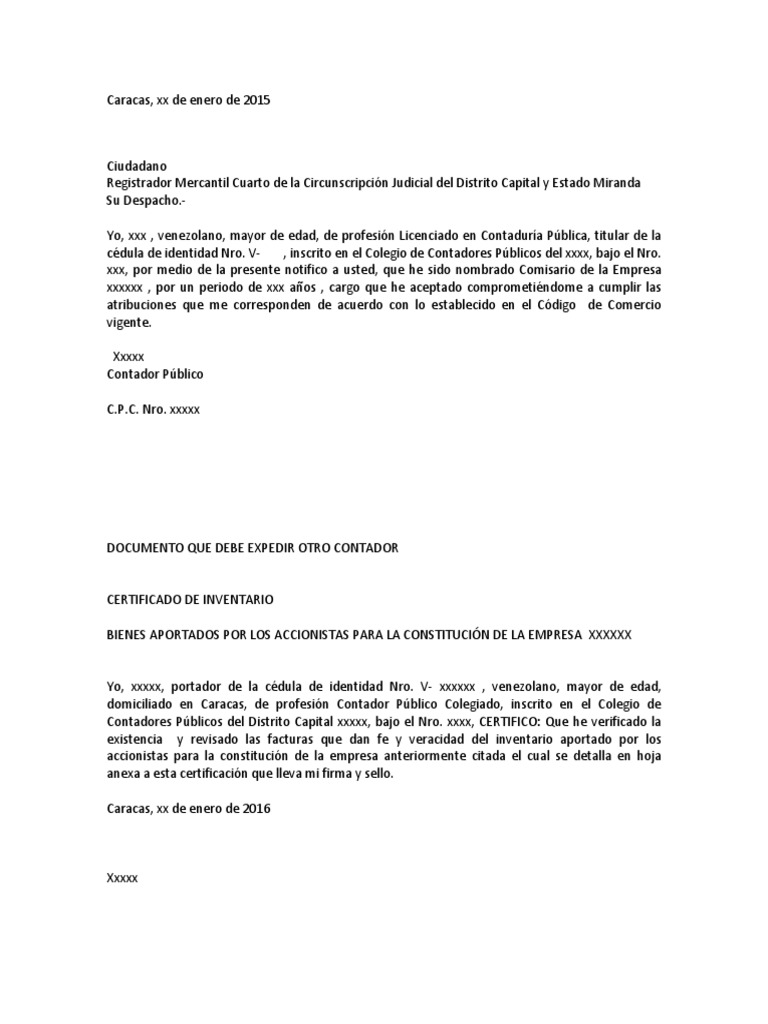 Modelo de Formato: Contador Público y Aceptación de Comisario | PDF