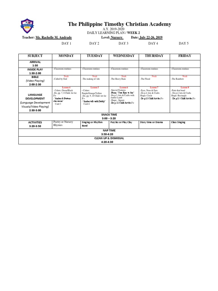 The Philippine Timothy Christian Academy: A.Y. 2019-2020 Daily Learning Plan / Week 2 | PDF ...
