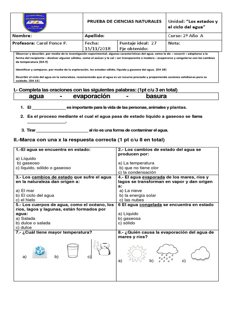 PRUEBA DEL CICLO Y ESTADOS DEL AGUA Noviembre 2° | PDF | El ciclo del ...