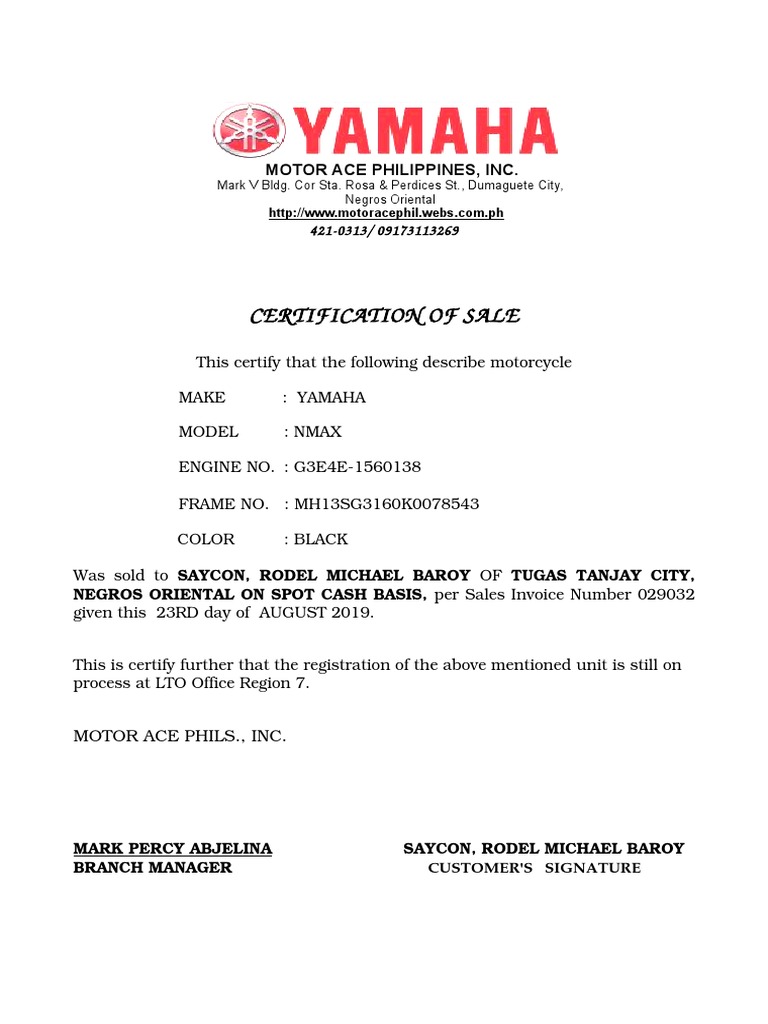 Certification of Sale: Motor Ace Philippines, Inc | PDF