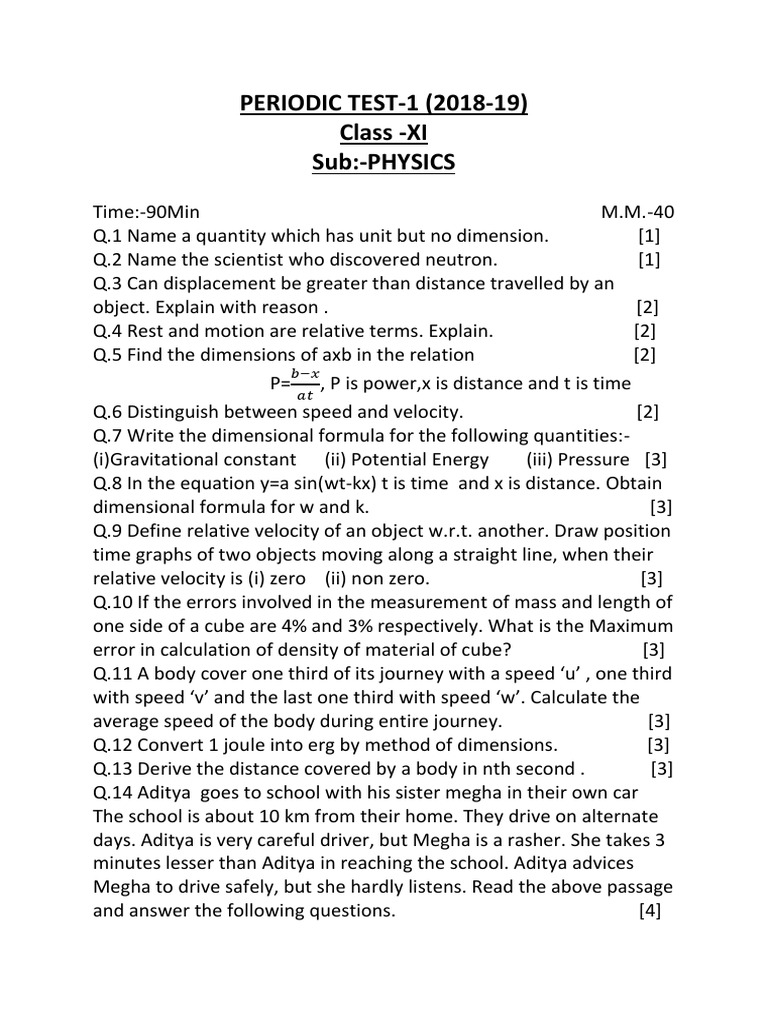 Class 11 Physics Periodic Test 1 Paper | PDF | Velocity | Speed